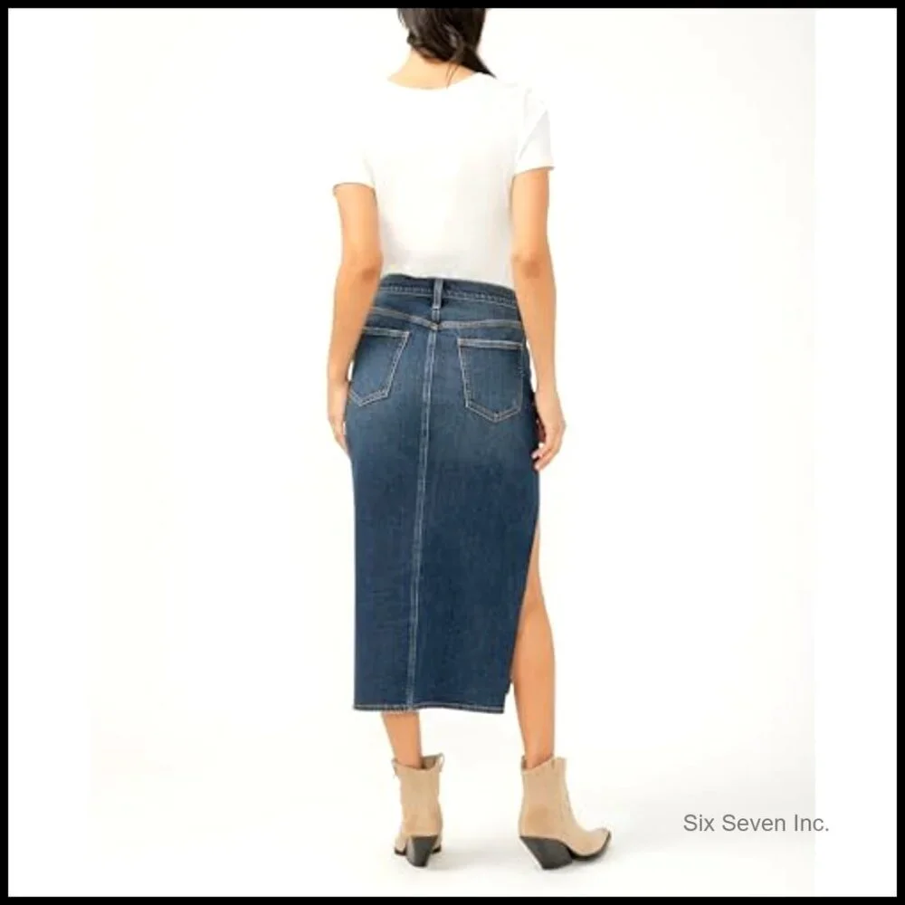 Skirts | Side Slit Denim Midi Skirt High Rise Cotton Blend | Poshmark